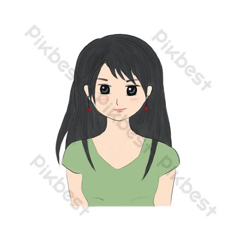 검은 색 긴 머리 녹색 옷 만화 소녀 아바타 요소 일러스트 Png Psd 무료 다운로드 Pikbest