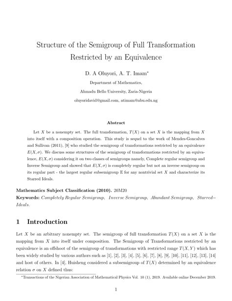 Pdf Structure Of The Semigroup Of Full Transformation Restricted By An Equivalence