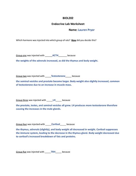 Biol Lab Endocrine BIOL Endocrine Lab Worksheet Name Lauren Pryor Which Hormone Was
