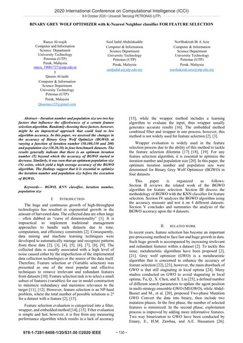 Pdf Binary Grey Wolf Optimizer With K Nearest Neighbor Classifier For