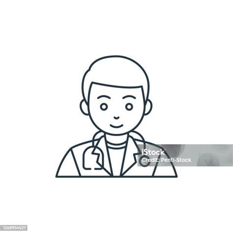 흰색 배경에 격리 된 의사 벡터 아이콘 개요 웹 사이트 디자인 및 모바일 응용 프로그램 개발을위한 얇은 라인 의사 아이콘 얇은 선 의사 개요 아이콘 벡터 그림 간호사에 대한