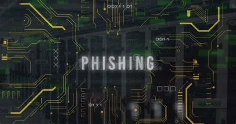Animation Of Phishing Text In Circuit Board Pattern Over Binary Codes Against Server Room Stock