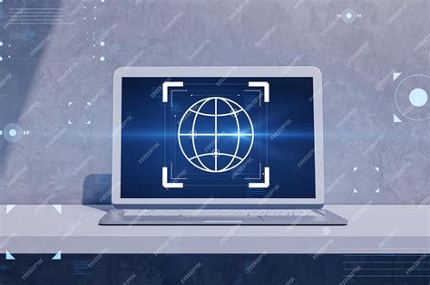 Premium Photo Close Up Of Laptop With Creative Hacking Interface On Concrete Wall Background