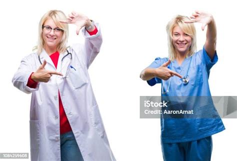 의사와 간호사 여자 웃는 행복 한 얼굴로 손가락과 손으로 만드는 프레임 화이트 고립 된 배경 위에 콜라주 창의력과 사진 개념입니다 간호사에 대한 스톡 사진 및 기타 이미지