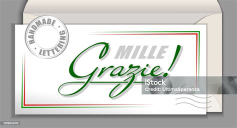 손으로 쓴 이탈리아어 글자 그라지 밀 대단히 감사합니다 이탈리아 벡터 서예 문구 감사 당신은 너무 많은 흰색 봉투 카드에 고립