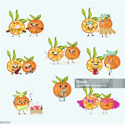 귀여운 오렌지 귤 과일 캐릭터 세트 컬렉션 평면 벡터 그림입니다 활동 악기 연주 스포츠 재미있는 과일 감귤에 대한 스톡 벡터 아트 및 기타 이미지 Istock
