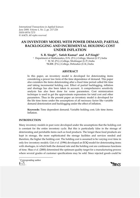 Pdf An Inventory Model With Power Demand Partial Backlogging And Incremental Holding Cost