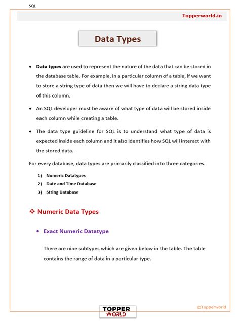 Sql Data Type Pdf Data Type Table Database
