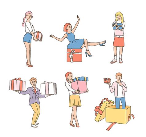 유토이미지 상세페이지 베이직샵 21752437 선물상자를 잔뜩 들고 있는 사람들 손그림 스타일 일러스트레이션