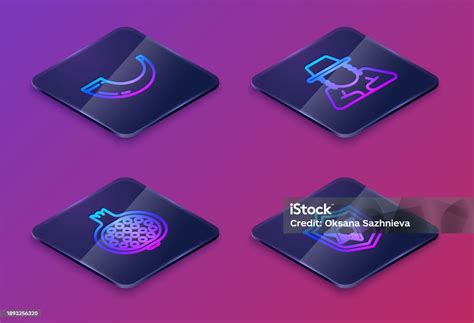 아이소메트릭 라인 세트 전통적인 숫양 뿔 쇼파르 석류 정통 유대인 모자 및 스타 데이비드가 있는 방패 파란색 사각형 버튼입니다 벡터 0명에 대한 스톡 벡터 아트 및 기타