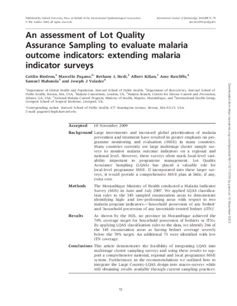 (PDF) An assessment of Lot Quality Assurance Sampling to evaluate malaria outcome indicators ...
