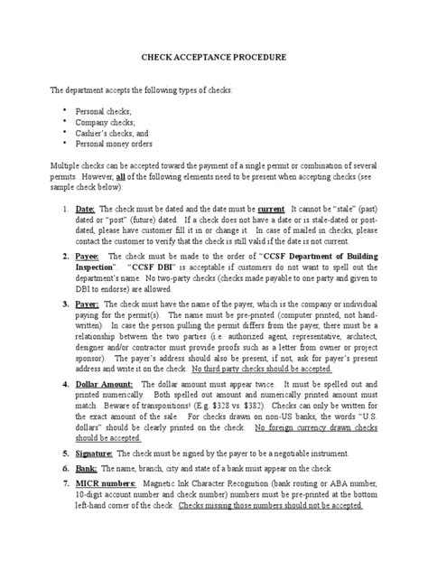 Check Acceptance Procedure Revised Pdf Cheque Payments