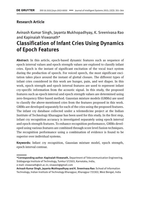 Pdf Classification Of Infant Cries Using Dynamics Of Epoch Features
