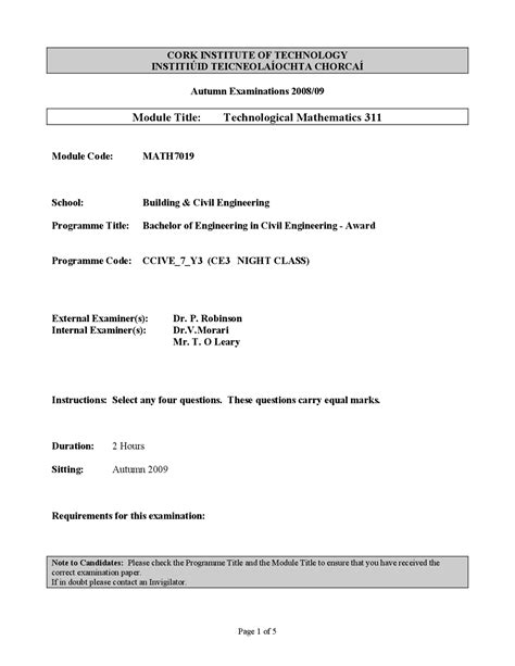 Find Deflection Technological Mathematics Old Exam Paper Docsity