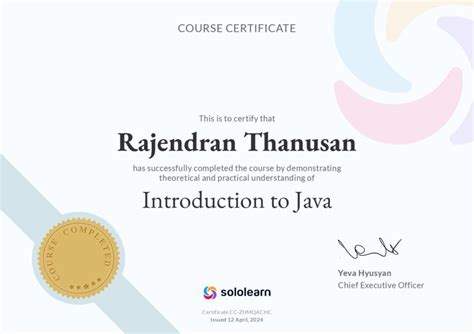 earned java certificate from sololearn thanusan rajendran posted on