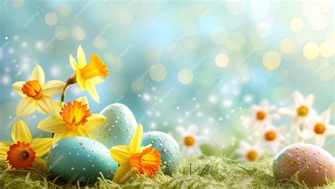 Premium Photo A Bunch Of Eggs With Flowers In Them On A Grass Field With A Blue Sky Background