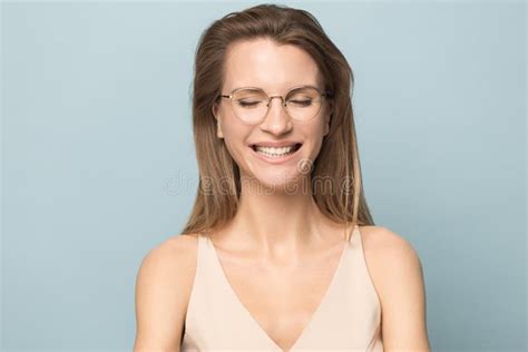 Happy Woman In Glasses Laugh With Wide Toothy Smile Stock Image Image