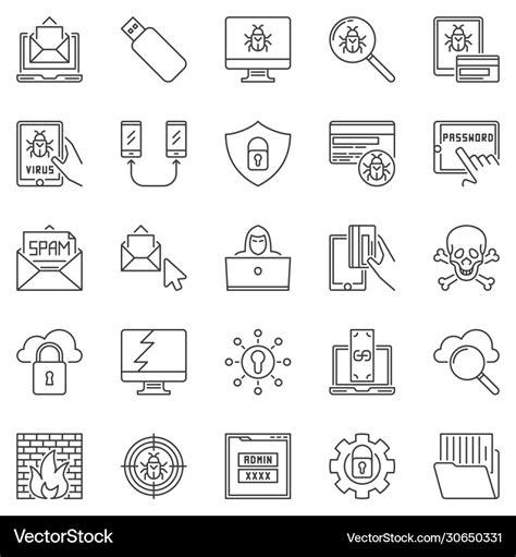 hacker and computer virus outline icons set vector image