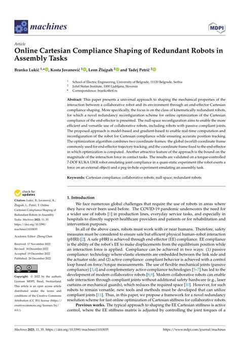 Pdf Online Cartesian Compliance Shaping Of Redundant Robots In Assembly Tasks