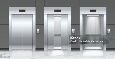 현실적인 엘리베이터와 입구 문 금속 승객이 들어올립니다 약간 열리고 출입구가 닫혔습니다 건물 복도 인테리어 대리석 바닥과 타일 벽 벡터 로비 캐빈 게이트 세트 엘리베이터에