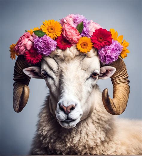 Beautiful Cool Ram Portrait With Flowers On Head Ai Stock Illustration Illustration Of Eyes