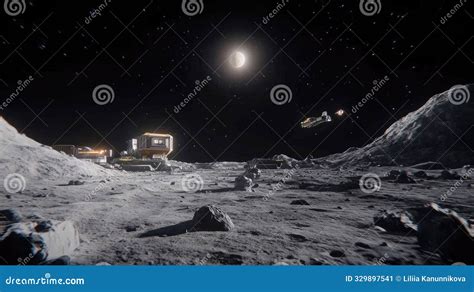 Astronauts Explore The Lunar Landscape With A Habitat Module And Rover Under A Bright Moon In
