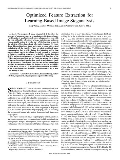 pdf optimized feature extraction for learning based image steganalysis