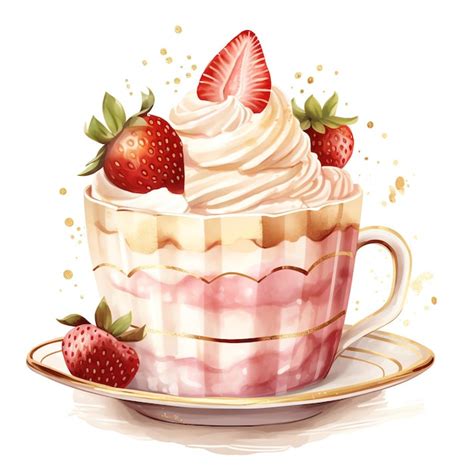 수채화 딸기 머그컵 케이크 수채화 클립아트 일러스트 프리미엄 사진