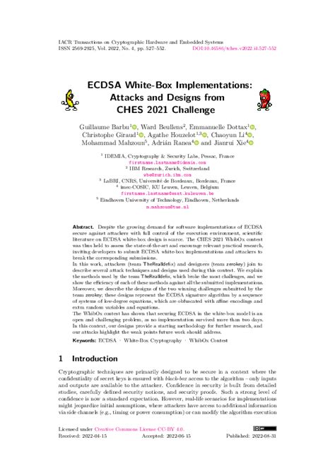 Pdf Ecdsa White Box Implementations Attacks And Designs From Ches