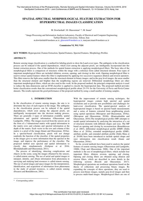 PDF SPATIAL SPECTRAL MORPHOLOGICAL FEATURE EXTRACTION FOR HYPERSPECTRAL IMAGES CLASSIFICATION