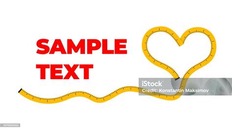 하트 형태의 노란색 측정 테이프의 아름다운 수평 그림과 그 위에 흰색 배경에 텍스트를위한 장소가 있습니다 흰색 배경에 대해 절연 된 노란색 센티미터 측정 테이프 줄자에 대한