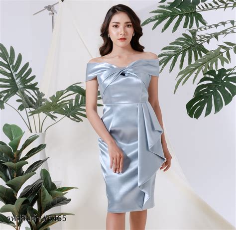 🥝🥝ชุดออกงานสีฟ้า เปิดไหล่เอวระบาย กระโปรงทรงสอบ แนวเรียบหรู สวย ดูแพง ใส่ออกงานราตรี งานแต่งงาน