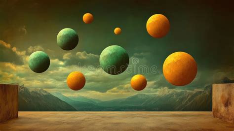 Surreal Landscape With Floating Spheres Against A Dramatic Sky And
