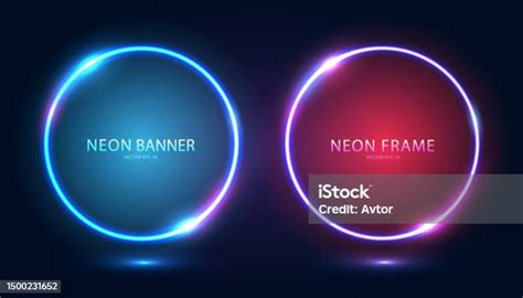 어두운 배경에 빛나는 효과와 하이라이트가 있는 둥근 네온 프레임 세트입니다 0명에 대한 스톡 벡터 아트 및 기타 이미지 0명