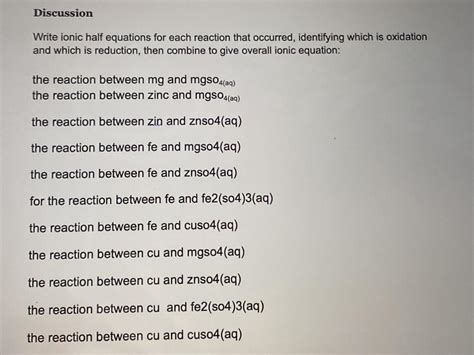 Solved Discussion Write Ionic Half Equations For Each
