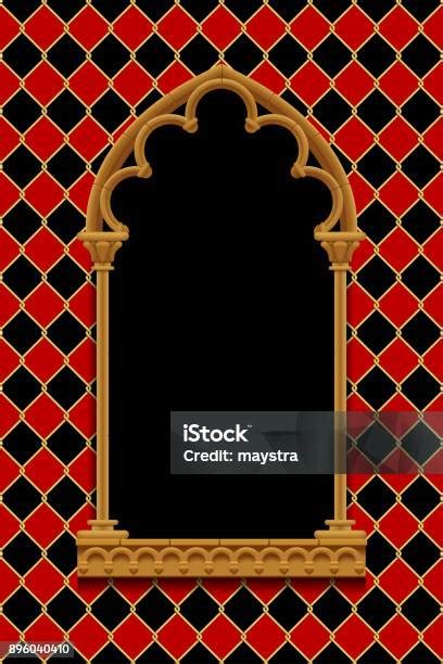 골드 와이어 그리드와 빨간색과 검은색 Rhomboids 배경에 고전적인 고딕 장식 프레임 고딕 양식에 대한 스톡 벡터 아트 및