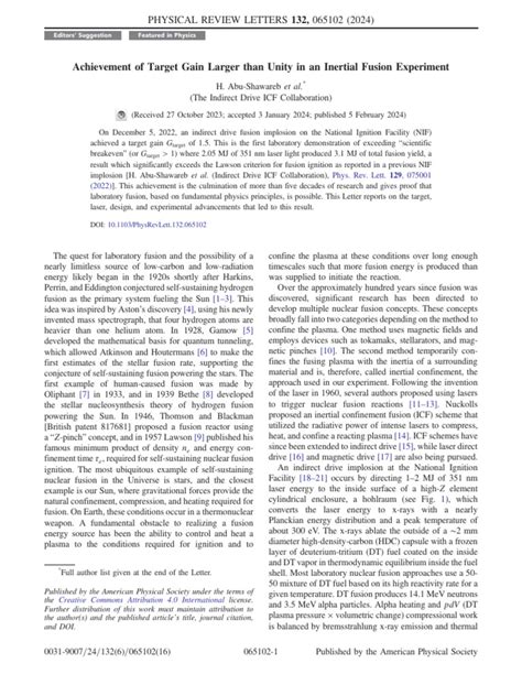Achievement Of Target Gain Larger Than Unity In An Inertial Fusion
