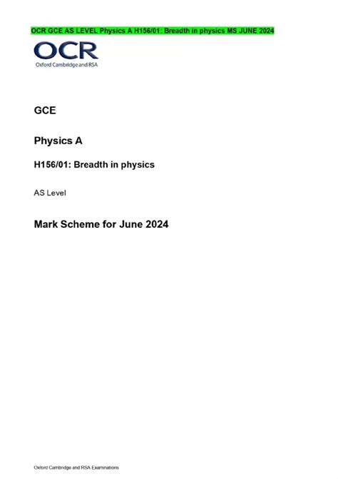Ocr Gce As Level Physics A H15601 Breadth In Physics Ms June 2024 Ocr Stuvia Us