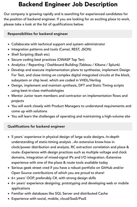 Backend Engineer Job Description Velvet Jobs