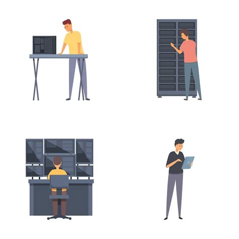 Premium Vector System Administration Icons Set Cartoon Vector Man Adjusting Network Connection