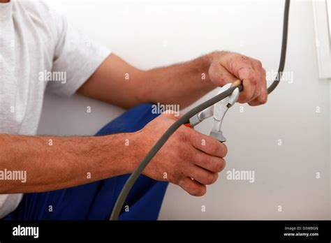Electrician Cutting Cable Stock Photo Alamy