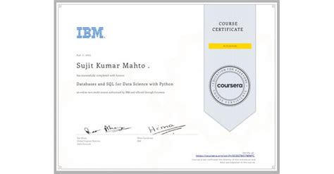 Completion Certificate For Databases And Sql For Data Science With Python Sujit Kumar Mahto