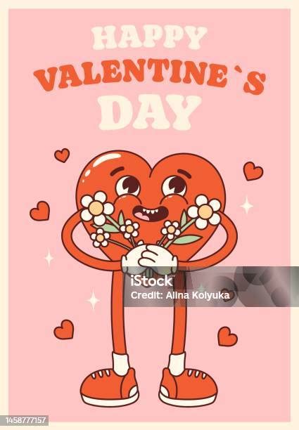 그루비 러블리 하트 레트로 포스터 사랑 개념입니다 해피 발렌타인 데이 트렌디 한 복고풍 60 년대 70 년대 만화 스타일 카드 엽서 인쇄 밸런타인데이에 대한 스톡 벡터 아트