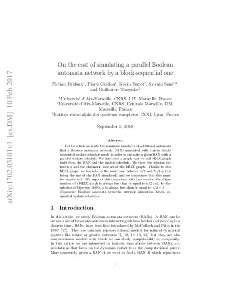Pdf On The Cost Of Simulating A Parallel Boolean Automata Network By