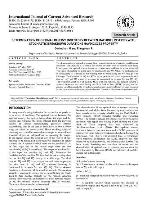 Pdf Determination Of Optimal Reserve Inventory Between Machines In Series With Stochastic