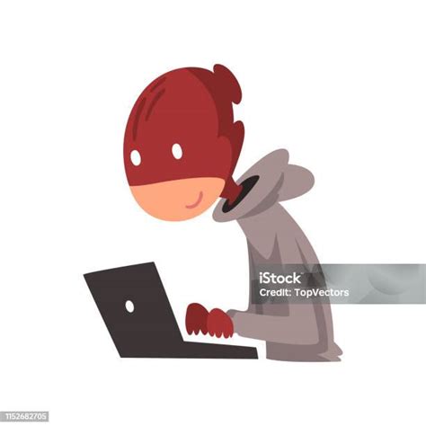 노트북 인터넷 범죄 컴퓨터 보안 기술 만화 벡터 일러스트 레이 션에서 작업 변 장 해커 개념에 대한 스톡 벡터 아트 및 기타 이미지 개념 남자 노트북 Istock