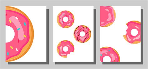 도넛 카드 세트 귀여운 핑크 프로스트 도넛 생일 인사말 카드 쿠폰 브로셔 전단지 베이커리 광고 배너 공간 복사를 클릭합니다 물린 도넛 다채로운 벡터 일러스트 레이 션 0명에