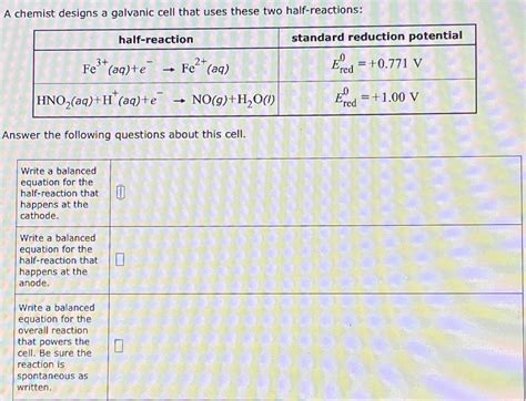 Solved A chemist designs a galvanic cell that uses these two | Chegg.com