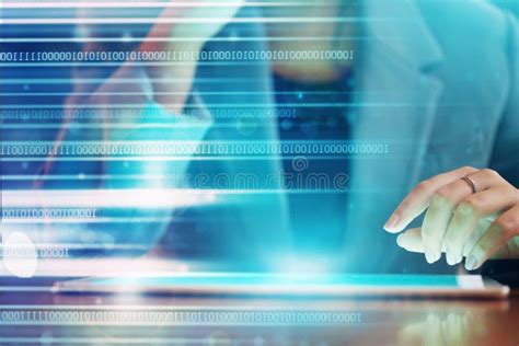 Code Hologram Business Woman Hand And Tablet Data Of A It Worker With