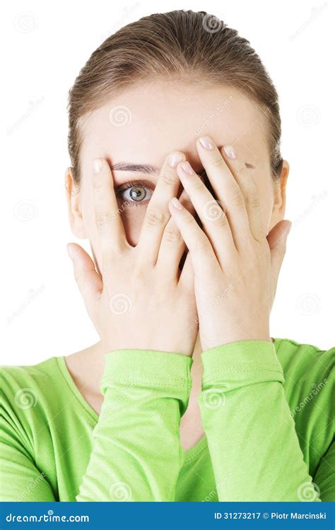 Girl Peeking Out Of Blank Poster Standing Over Pink Background Stock Photography CartoonDealer